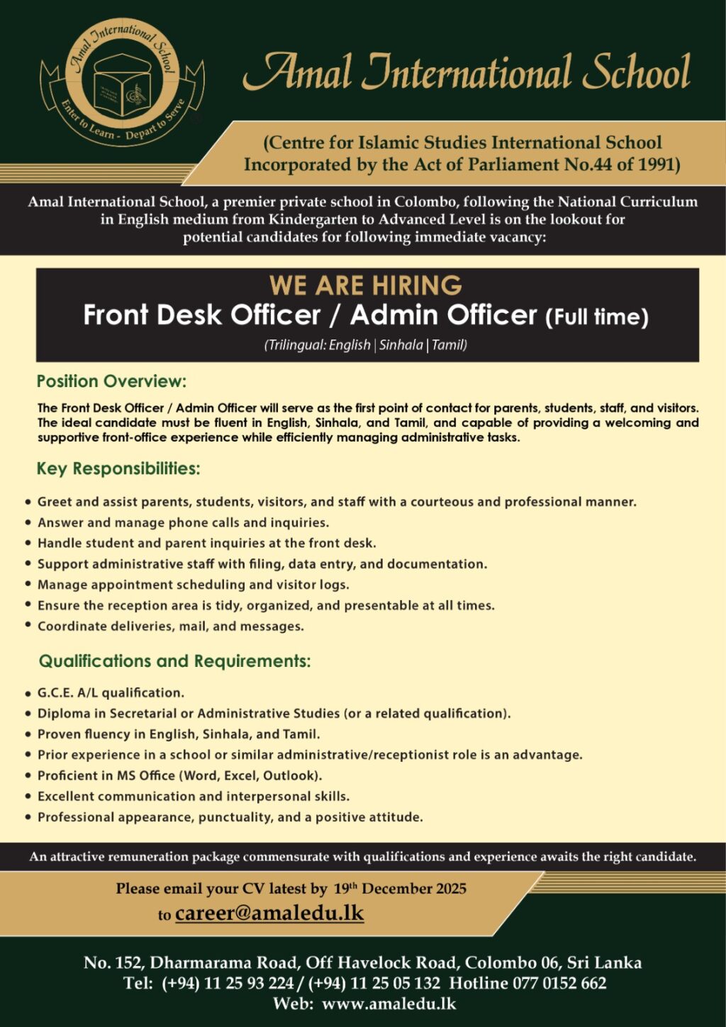 Front Desk Officer / Admin Officer - Jobseeker.lk