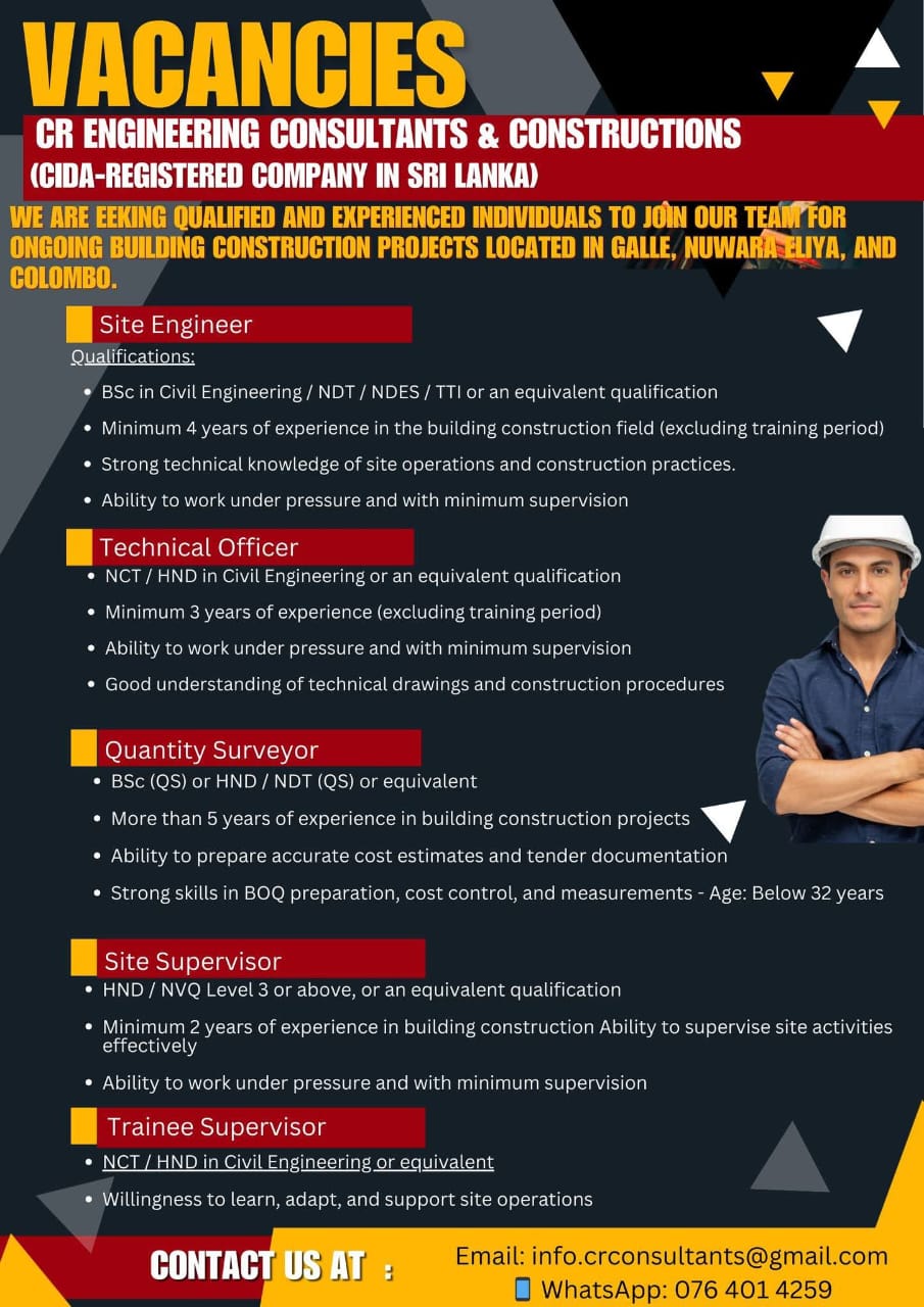 Site Engineer/ Technical Officer/ QS/ Supervisor/ Trainee - Jobseeker.lk