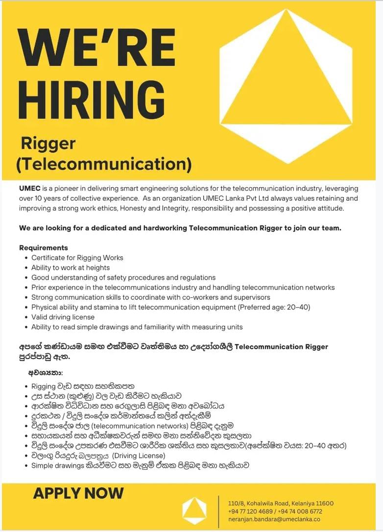 Rigger - Telecommunication - Jobseeker.lk