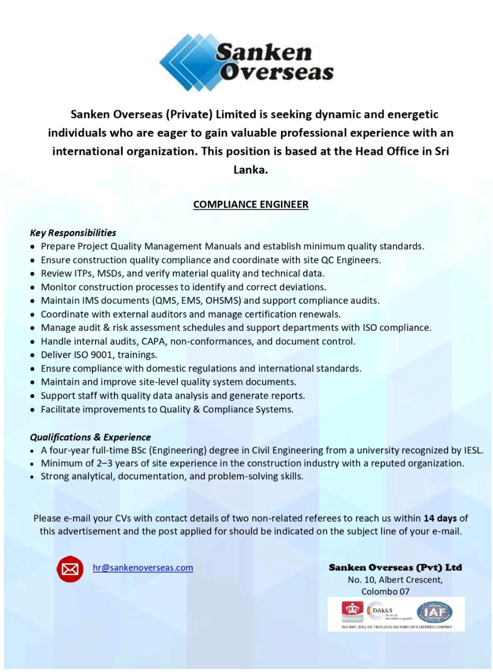Compliance Engineer- Civil - Jobseeker.lk