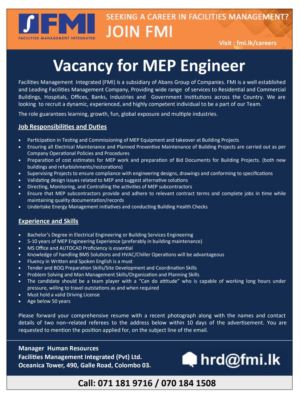 MEP Engineer - Jobseeker.lk
