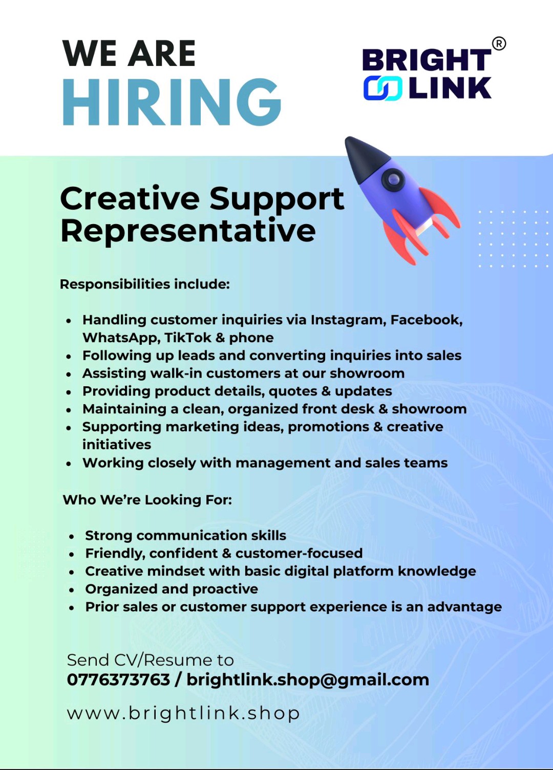 Creative Support Representative - Jobseeker.lk
