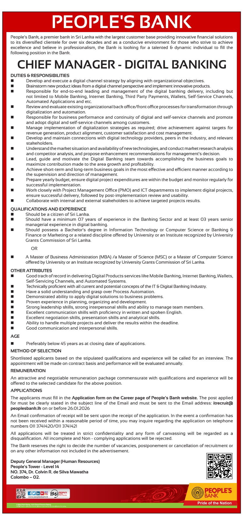 Chief Manager - Digital Banking - Jobseeker.lk