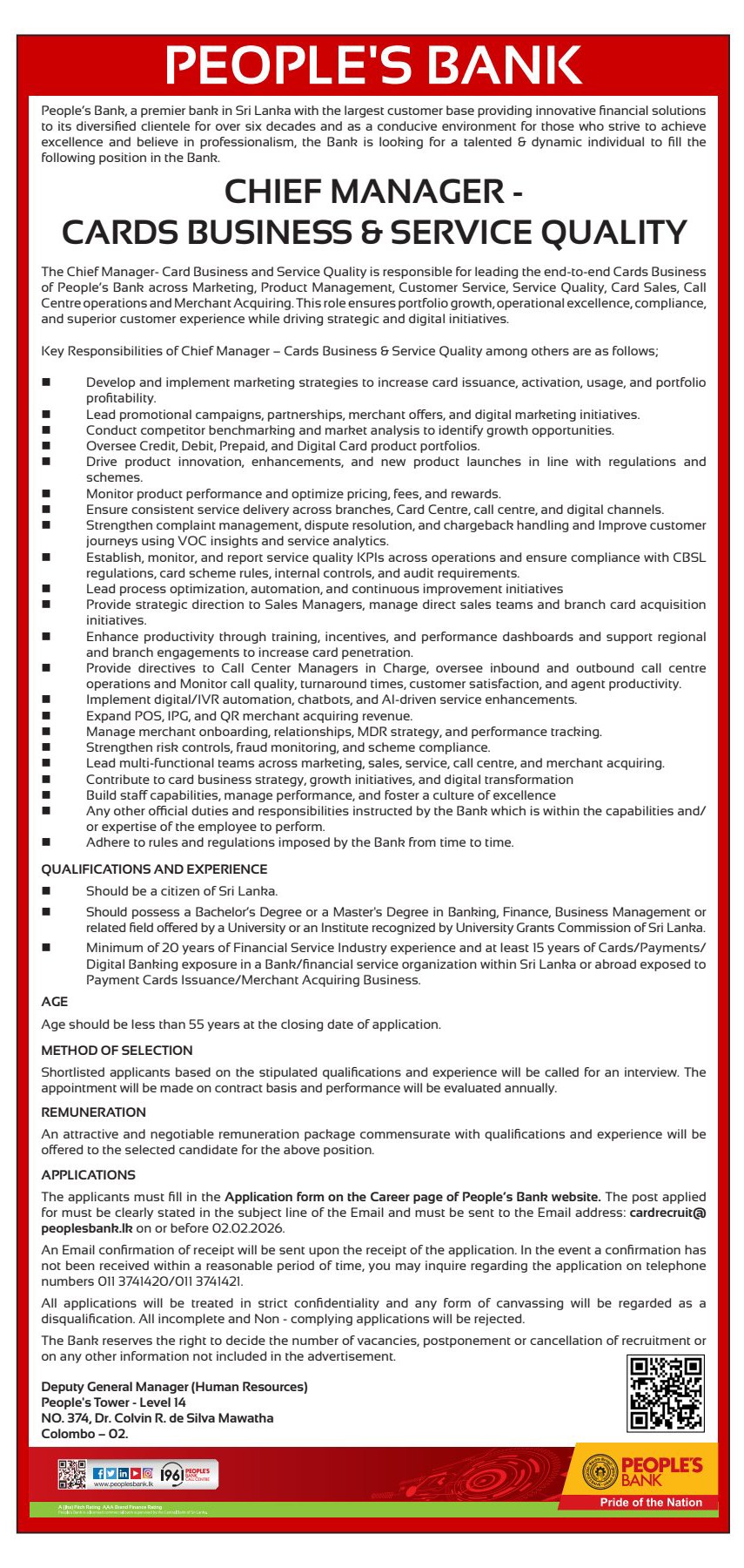 Chief Manager - Card Business & Service Quality - Jobseeker.lk