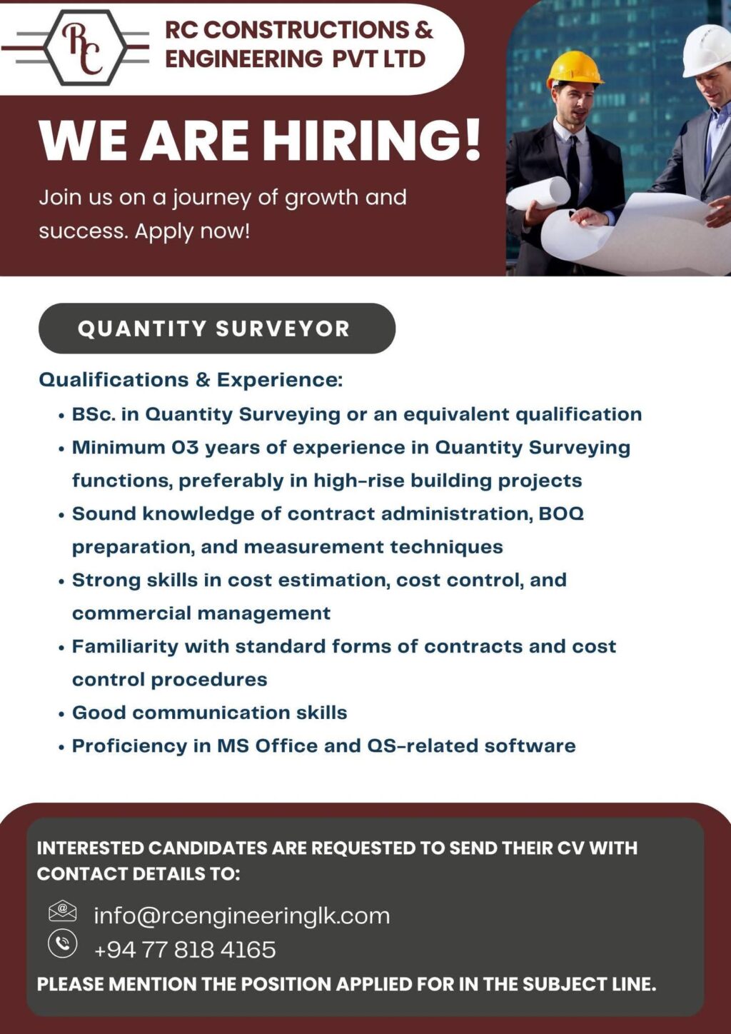 Planning Engineer/ Quantity Surveyor - Jobseeker.lk