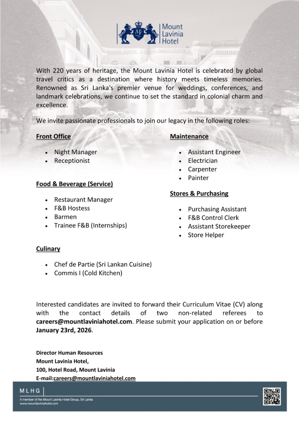 Maintenance/ Front Office/ F&B/Stores & Purchasing/Culinary - Jobseeker.lk