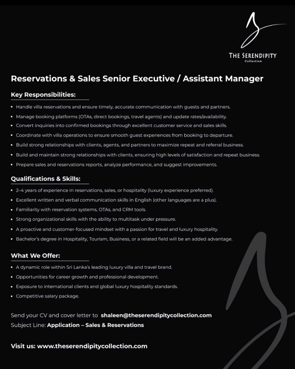 Reservations & Sales - Senior Executive/ Assistant Manager - Jobseeker.lk