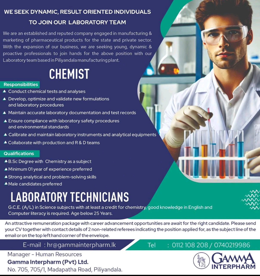Chemist/ Laboratory Technician - Jobseeker.lk