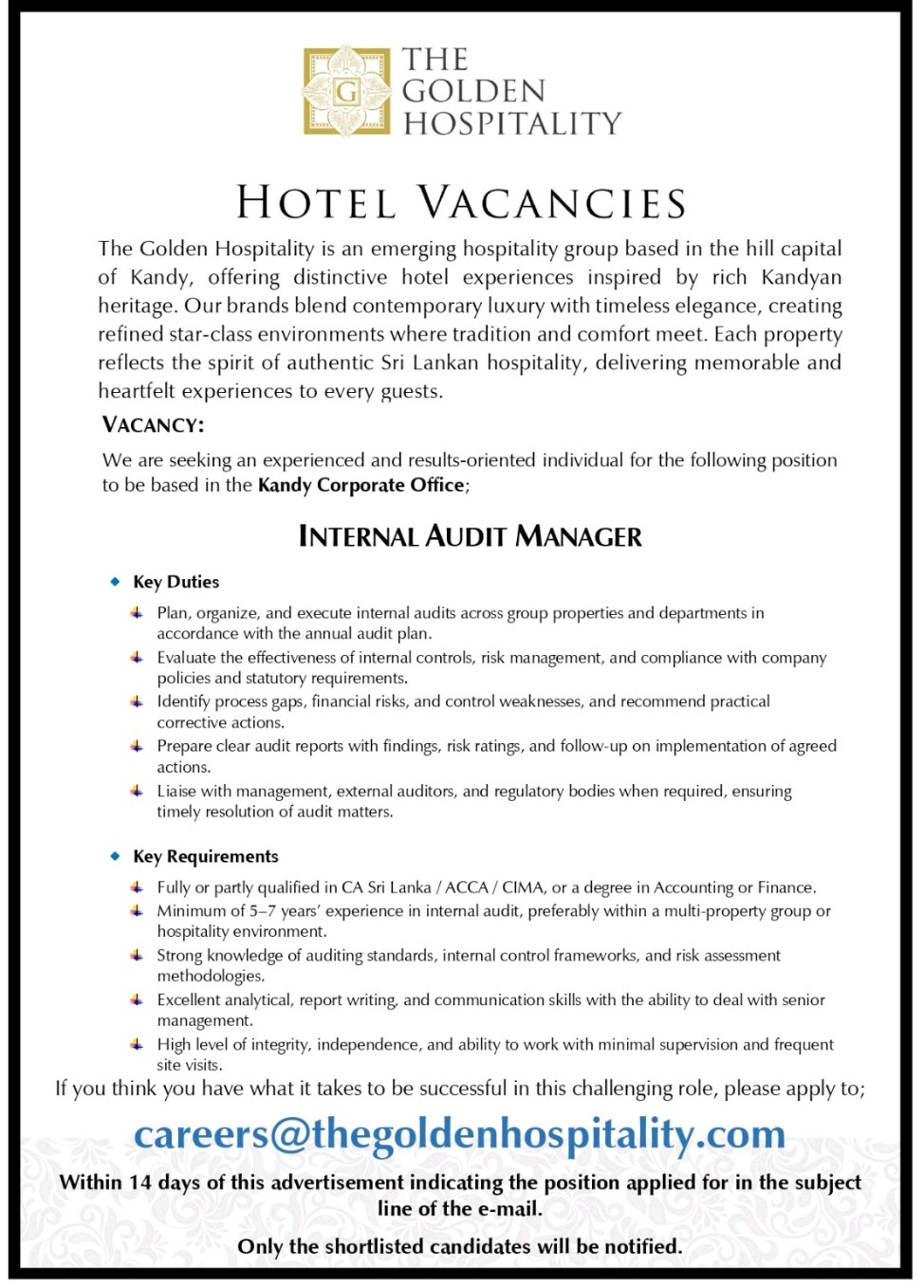 Internal Audit Manager - Jobseeker.lk