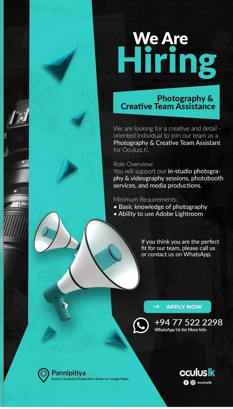 Photography & Creative Team Assistance - Jobseeker.lk