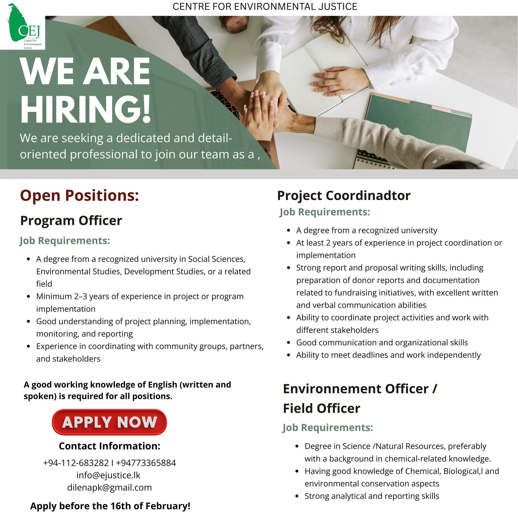 Program Officer / Project Coordinator /Environment Officer/ Field ...