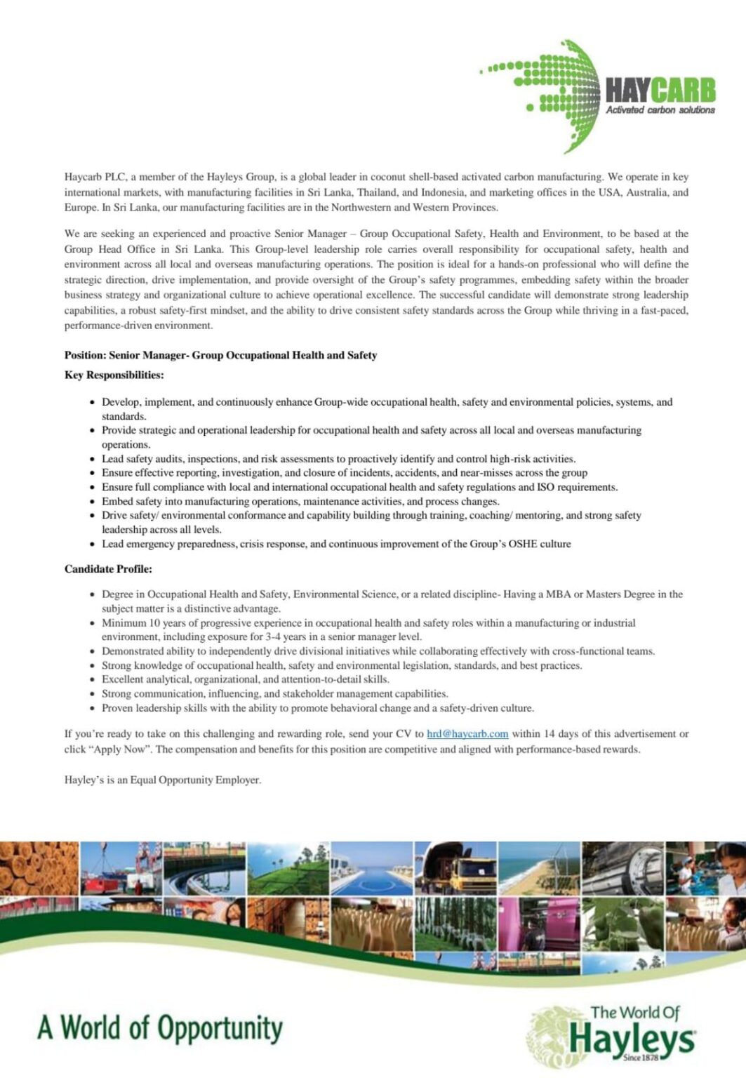 Senior Manager - Group Occupational Health & Safety - Jobseeker.lk