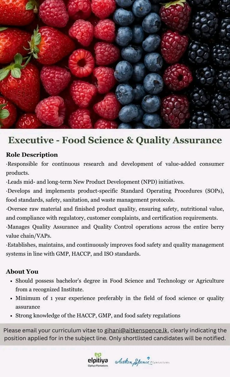 Executive - Food Science & Quality Assurance - Jobseeker.lk