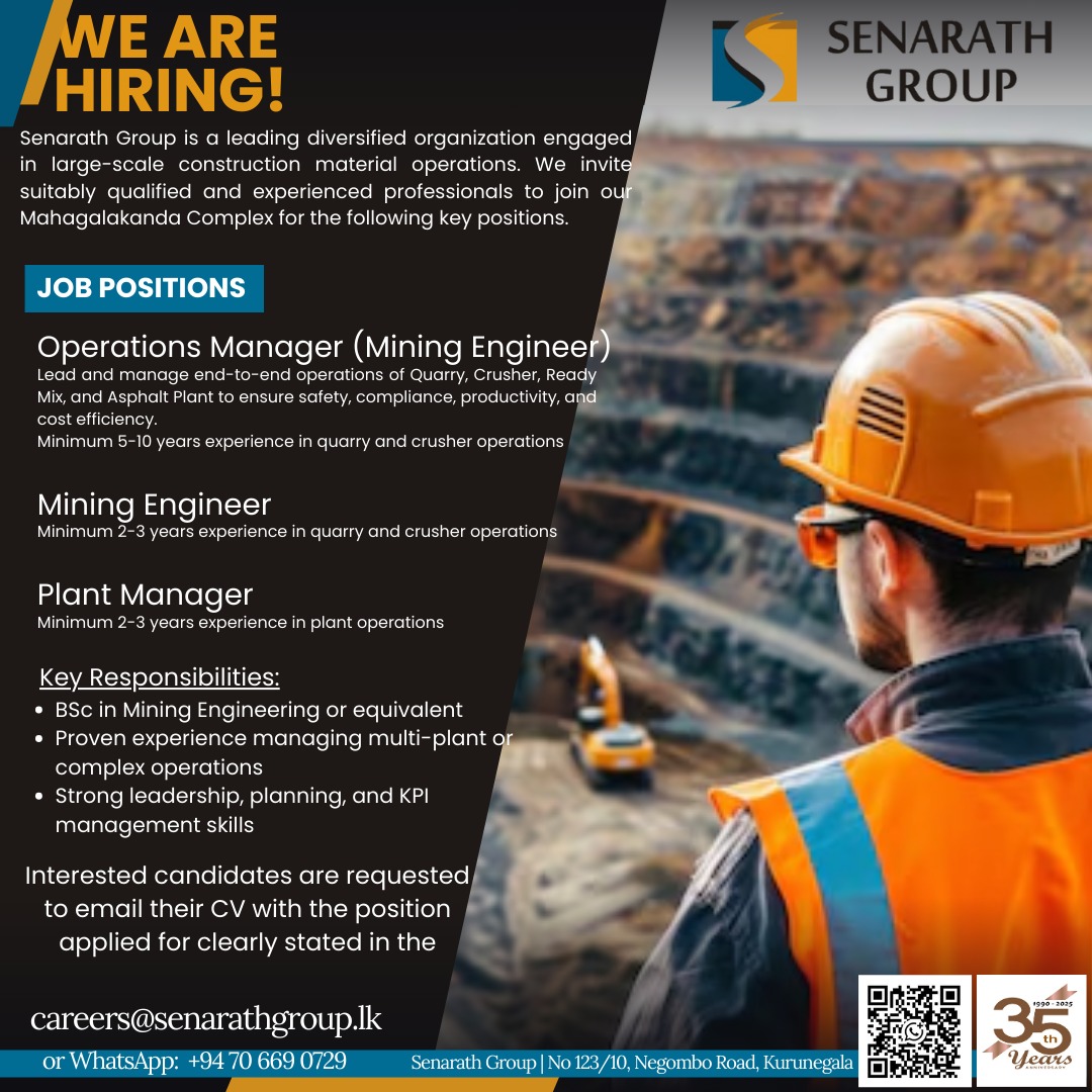 Operations Manager / Mining Engineer/ Plant Engineer - Jobseeker.lk