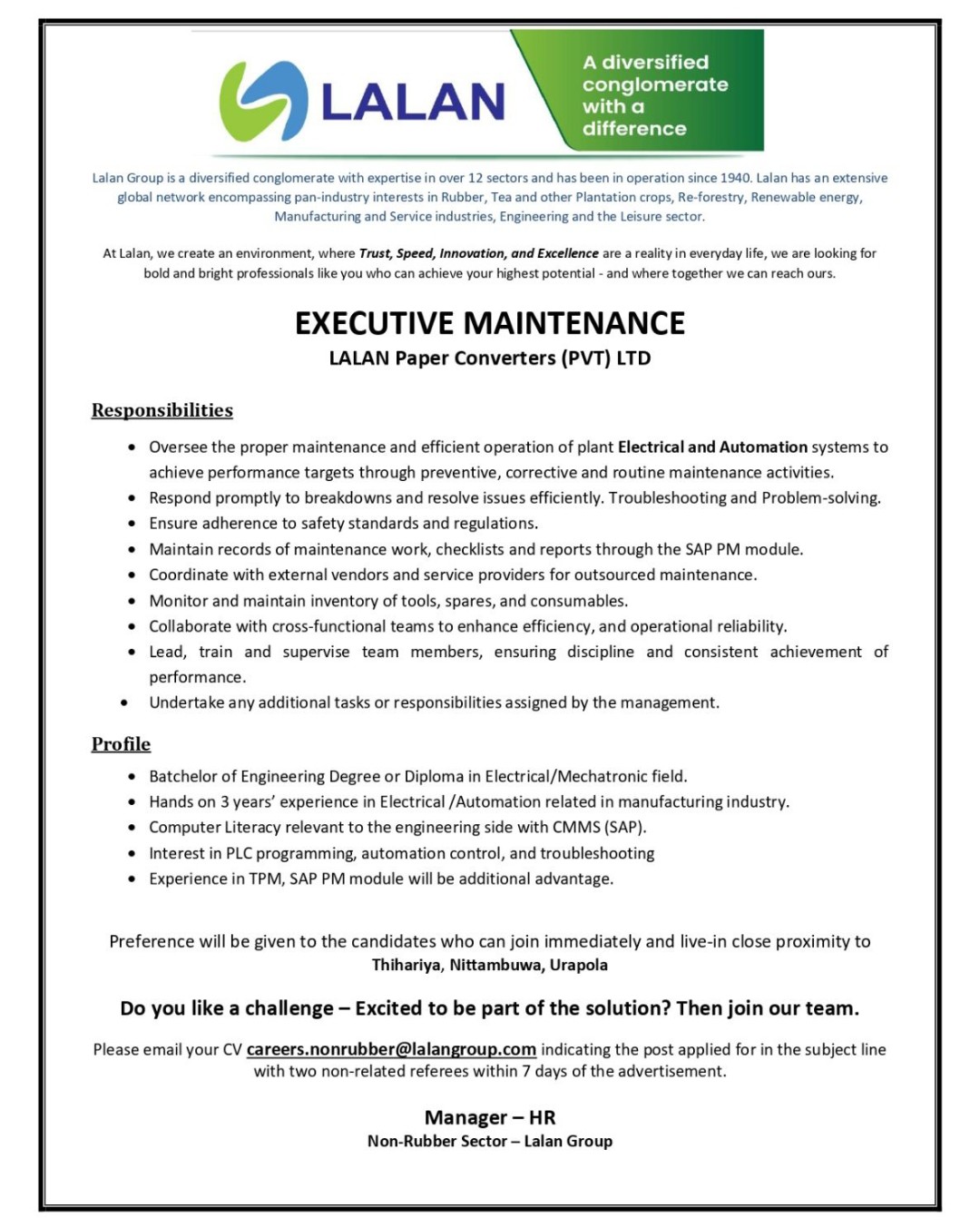 Executive Maintenance - Jobseeker.lk