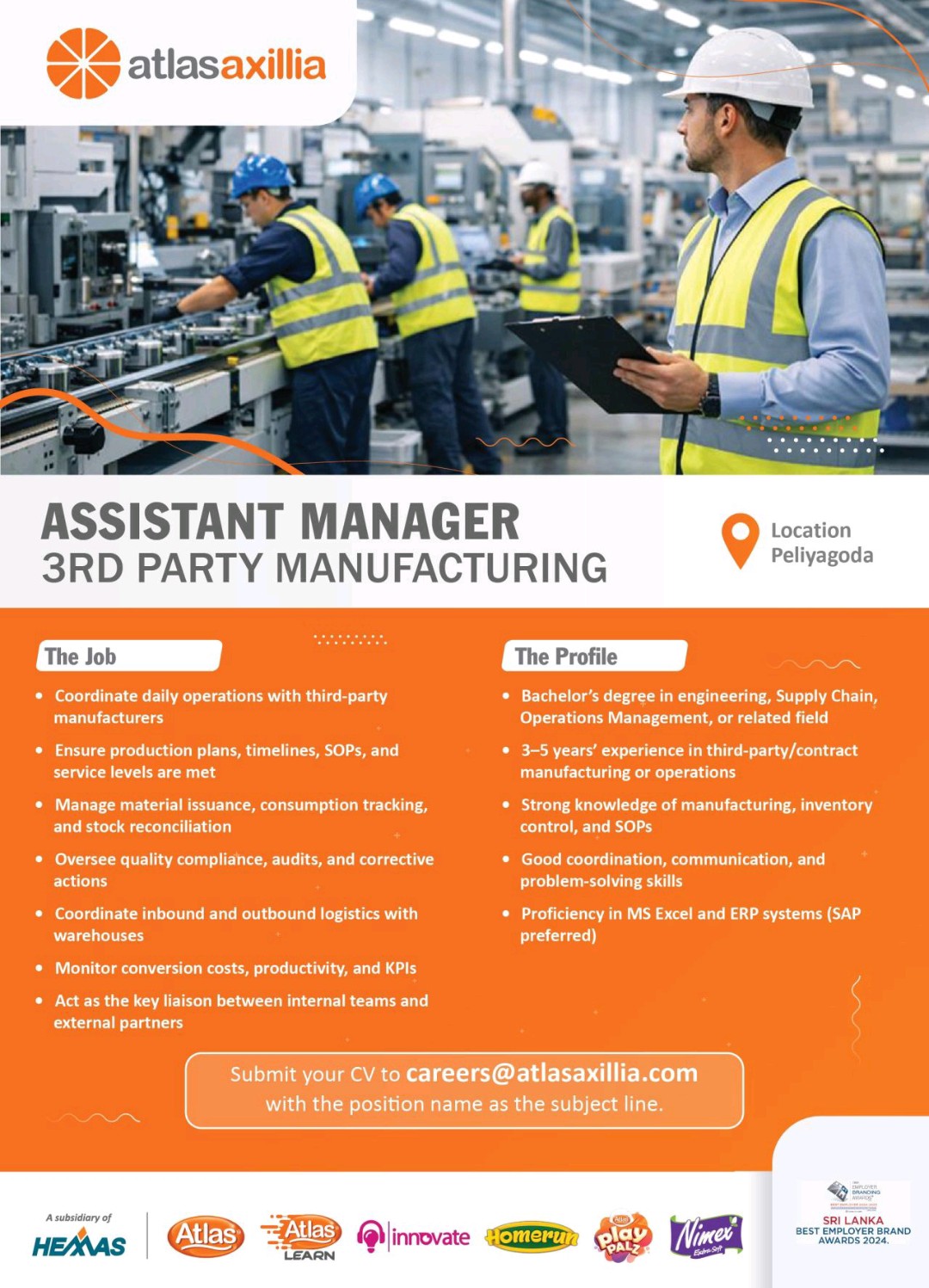 Assistant Manager - 3rd Party Manufacturing - Jobseeker.lk