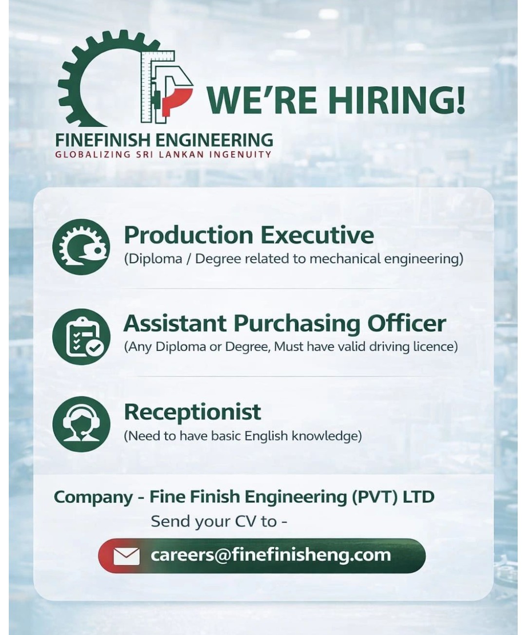 Production Executive / Assistant Purchasing Officer/ Receptionist ...