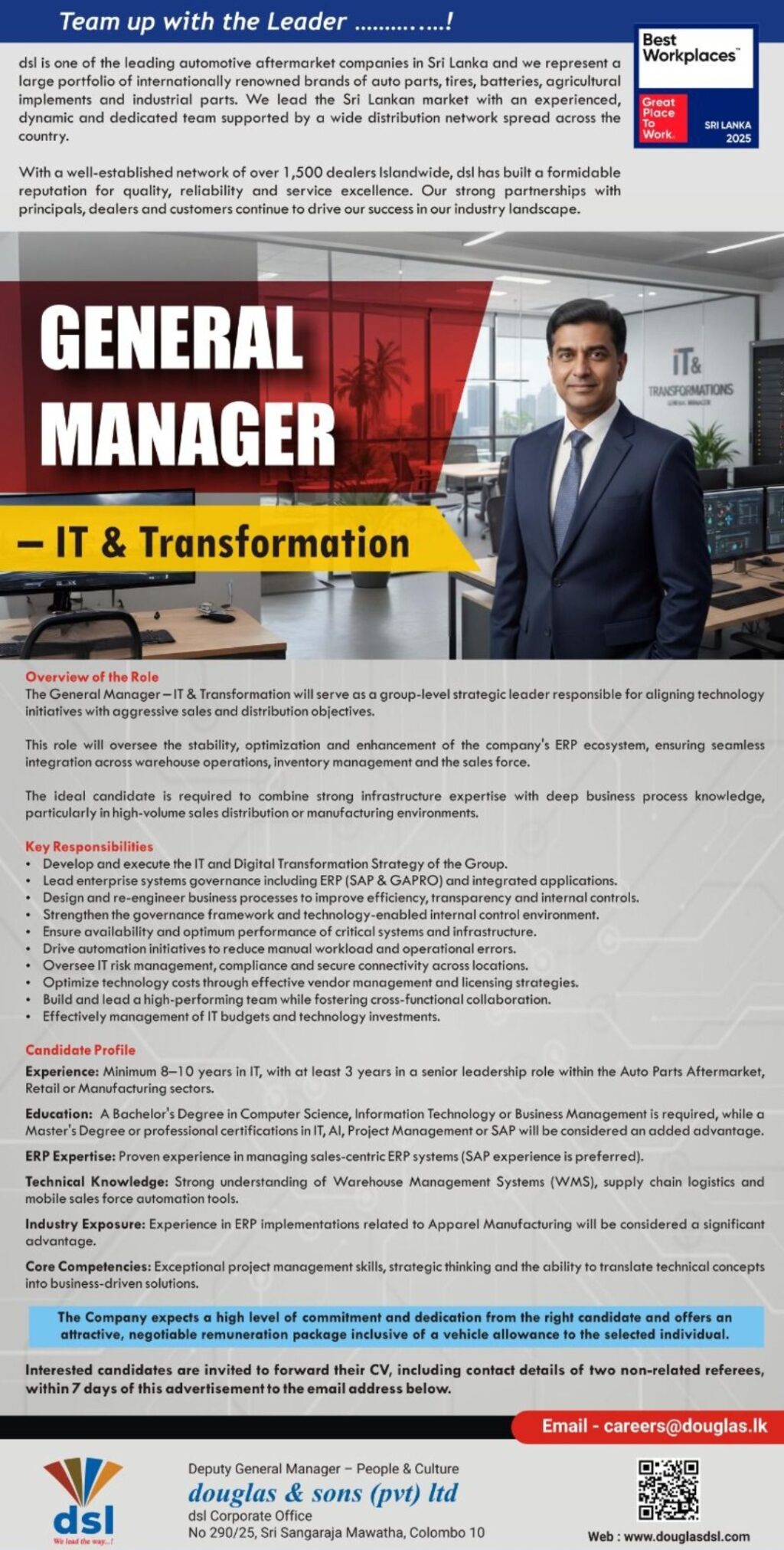 General Manager - IT & Transformation - Jobseeker.lk