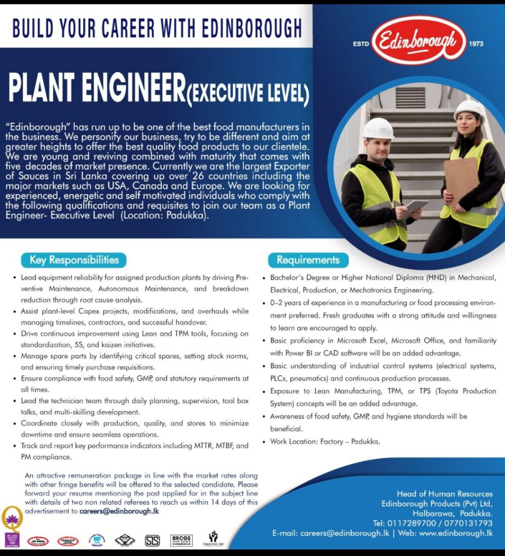 Plant Engineer - Jobseeker.lk