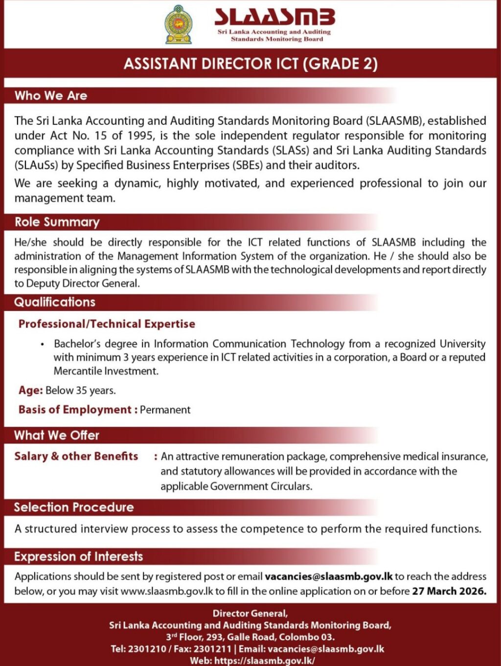 Assistant Director - ICT - Jobseeker.lk