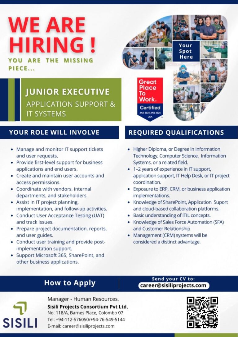Junior Executive -Application Support & IT Systems - Jobseeker.lk